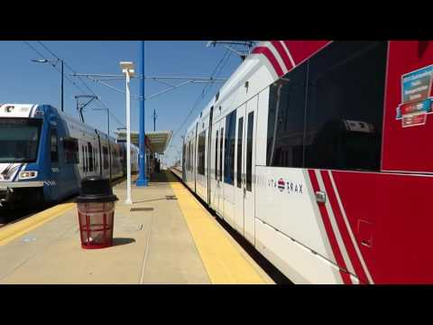 UTA Trax: SLC Airport bound S70 Green Line Train entering North Temple Bridge
