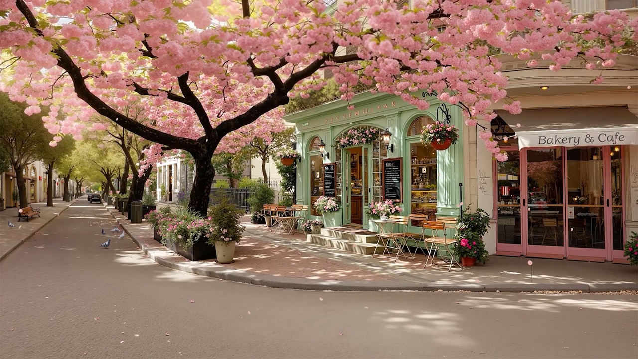 Relaxing Morning Jazz at a Cozy Bakery Café under Cherry Blossoms 🌸 Calm Jazz for Peaceful Start Day