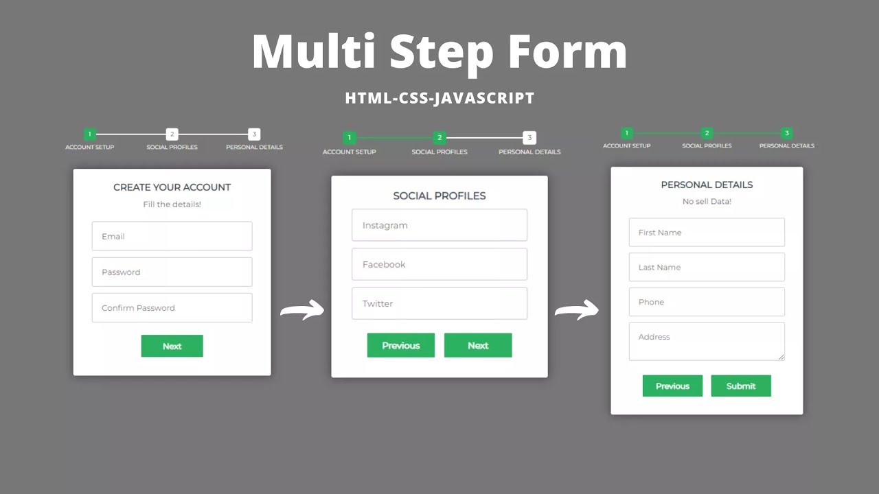 Create Responsive Multi Step Form Using HTML, CSS & JS | Responsive Login & Registration Form