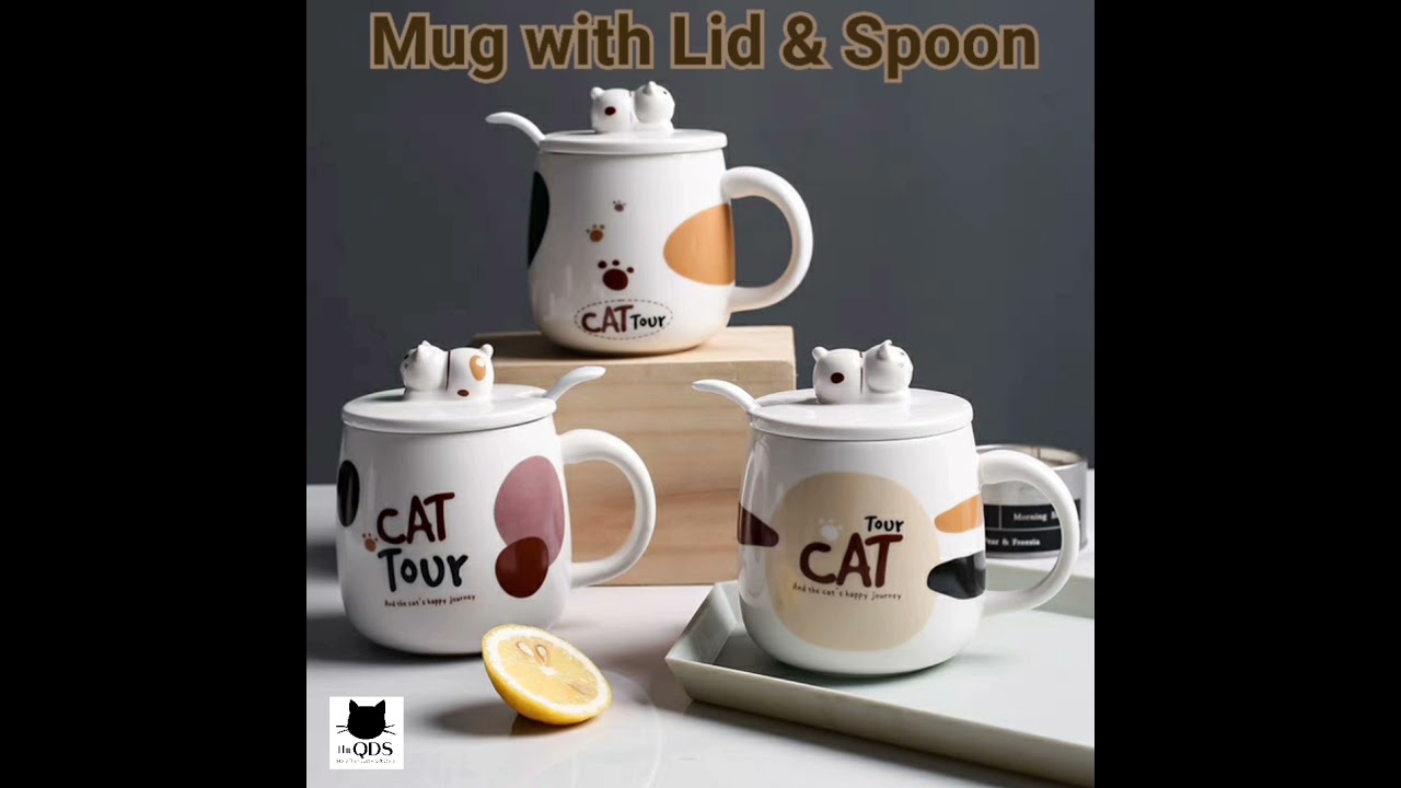 Cute Cat Ceramic Mug with Lid & Spoon, Lovely Kitten Coffee Cup, Tea Cup with Sculpted Kitten Lid