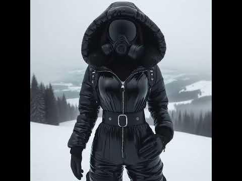 GIRL IN A BLACK SHINY DOWN JACKET, BLACK POUCH JACKET AND HOOD. GIRL WITH HER FACE COVERED BY MASK.