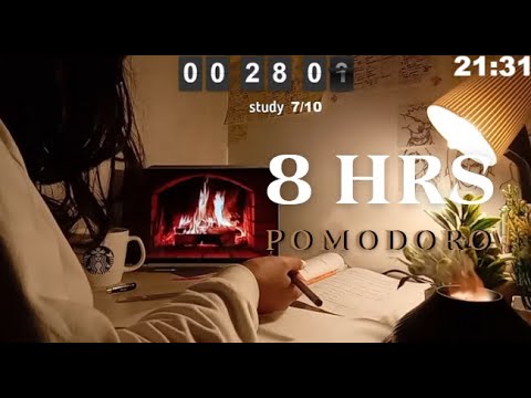 8 HRS | live study with me fireplace asmr 🔥 pomodoro