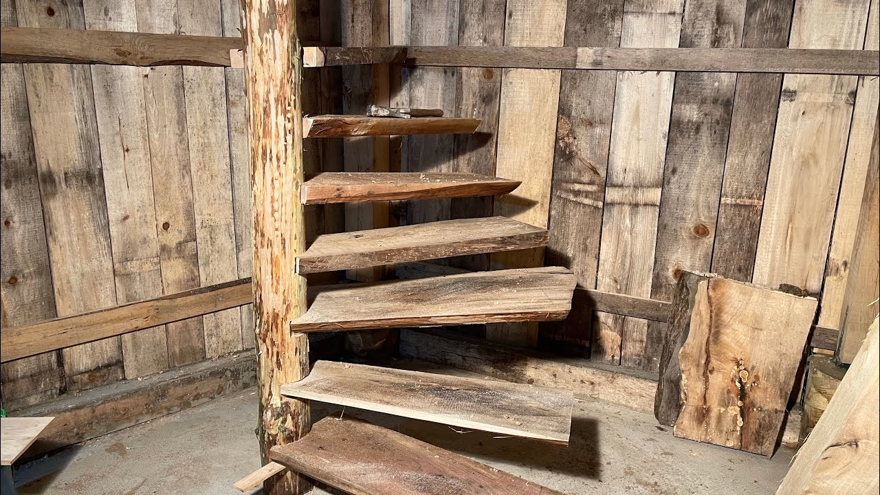 Rustic spiral staircase ( part 1) / Ep2 / Just for Fun Off Grid Man Cave (Cabin)
