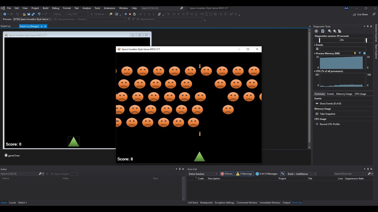How to make a simple space invaders style game in windows form with C# coding