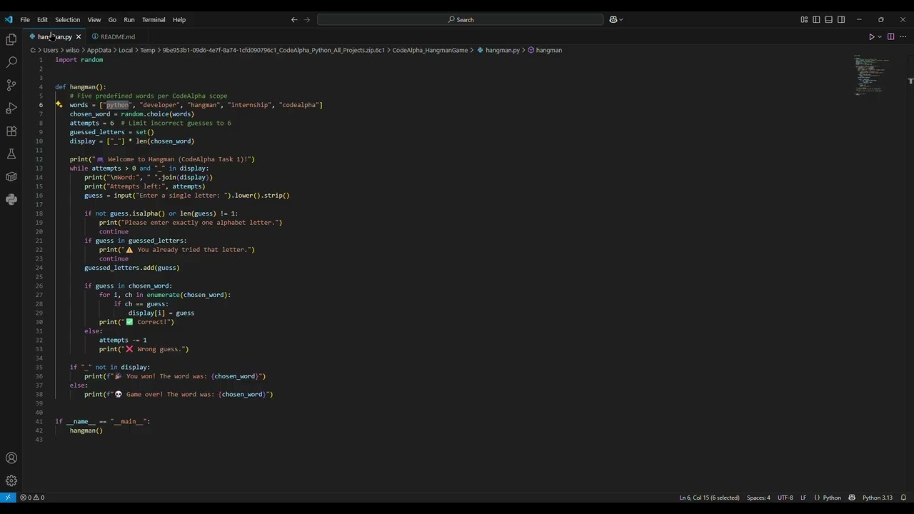 (code alpha  Internship )  hangman game project