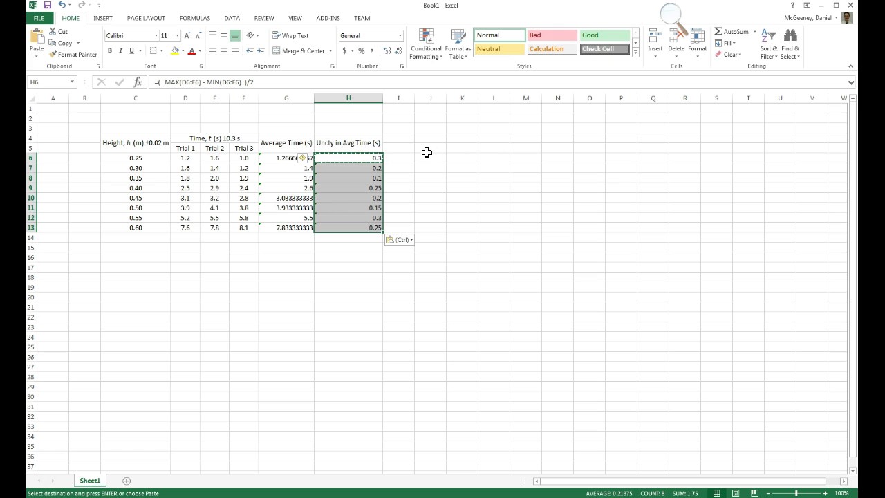 Physics Tables and Graphs in Excel