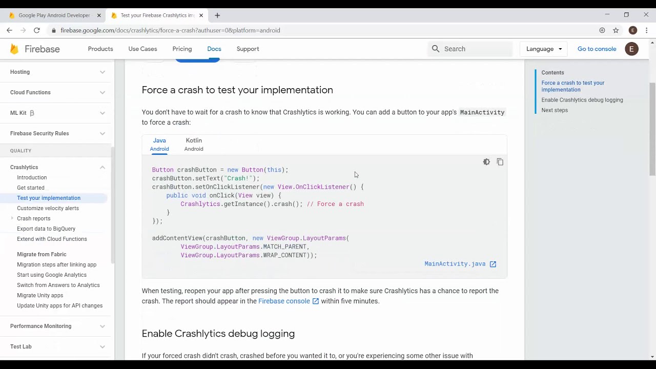 Firebase Crashlytics integration with Android Native App