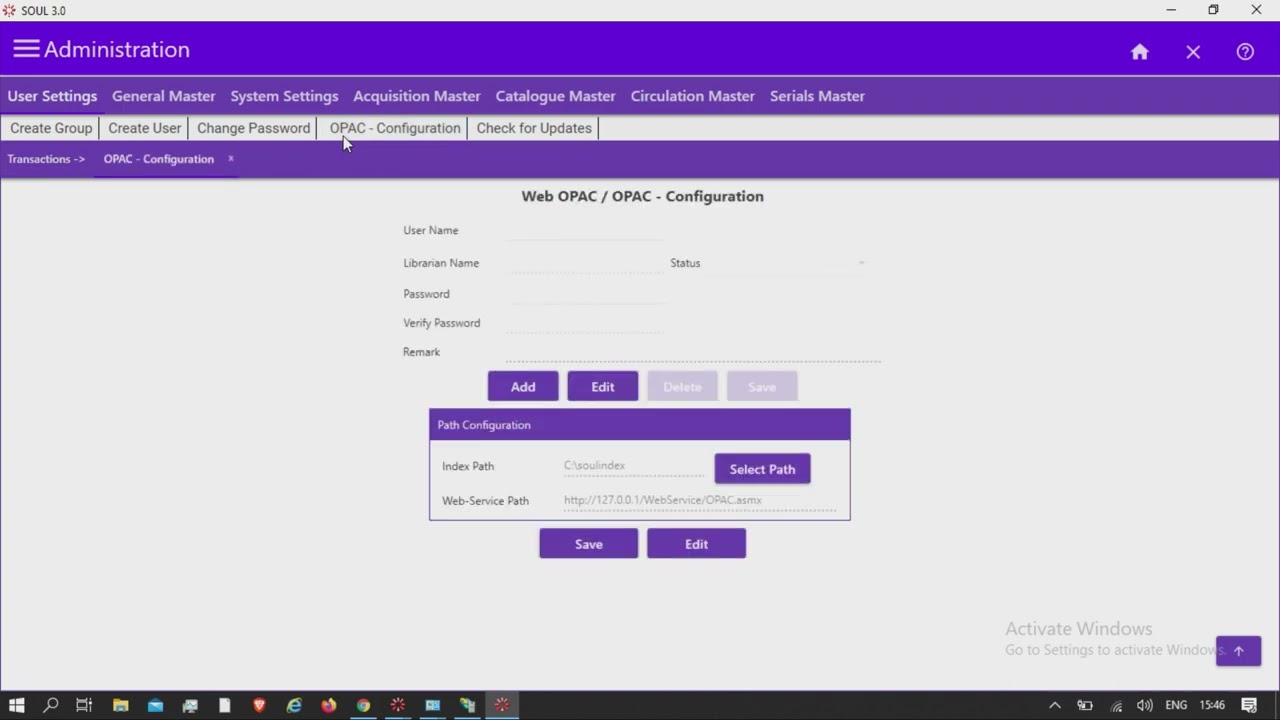 3 Administration User Settings Change Password OPAC Configuration Check for Upates