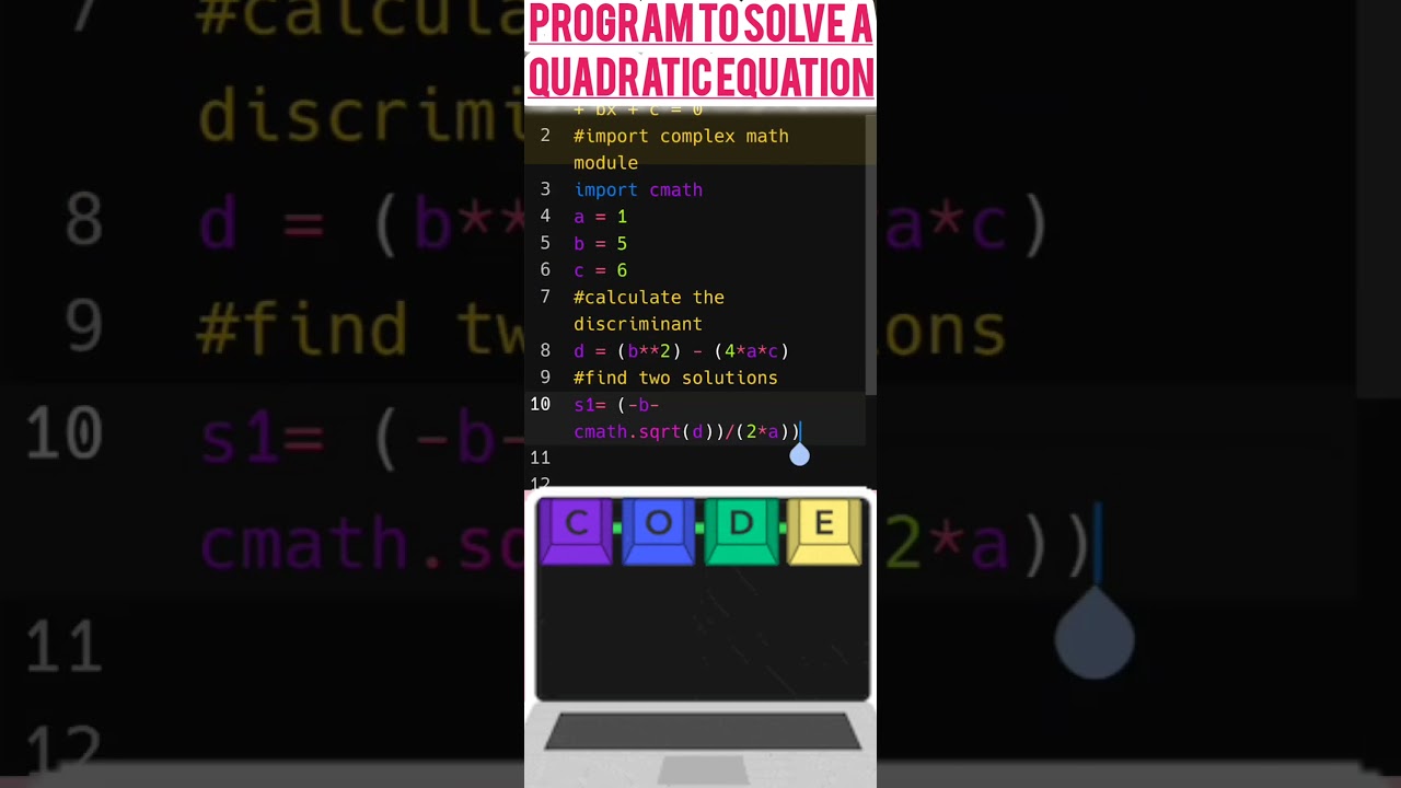Python Program to solve a Quadratic Equation#youtubeshorts #shorts#codingshortvideo