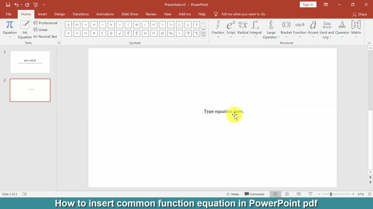How to insert common function equation in PowerPoint pdf