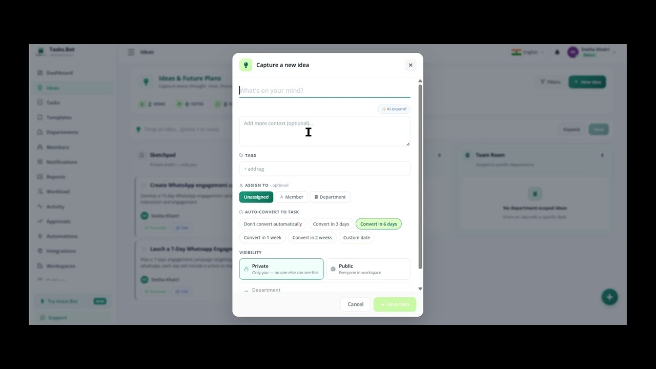 Ideas Section in Tasks.Bot | Capture & Organize Ideas