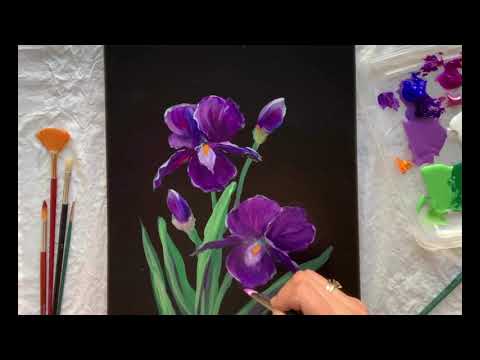 How to paint Iris flowers in acrylic paints. Free tutorial demo for beginner artists. DIY artwork.