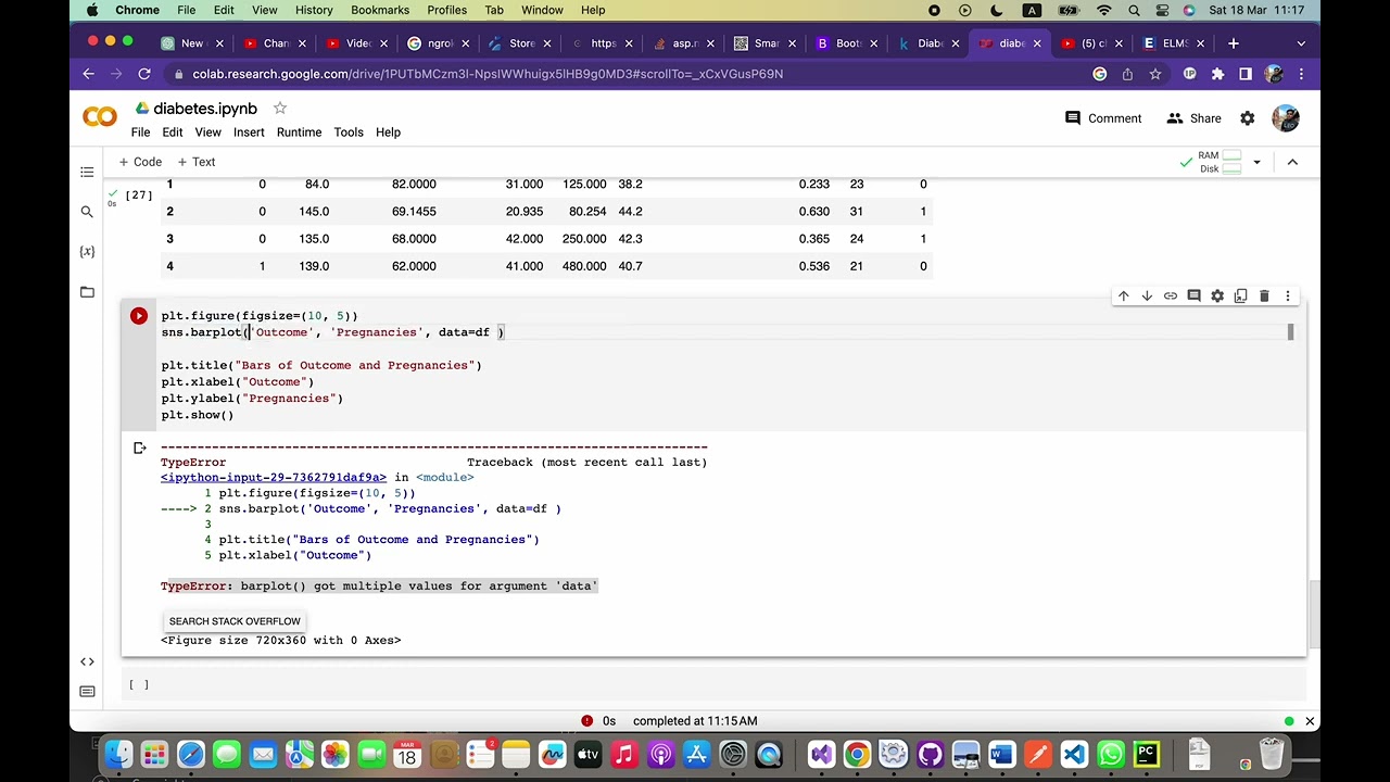 TypeError: barplot() got multiple values for argument 'data' TypeError sns.barplot('','', data=df )
