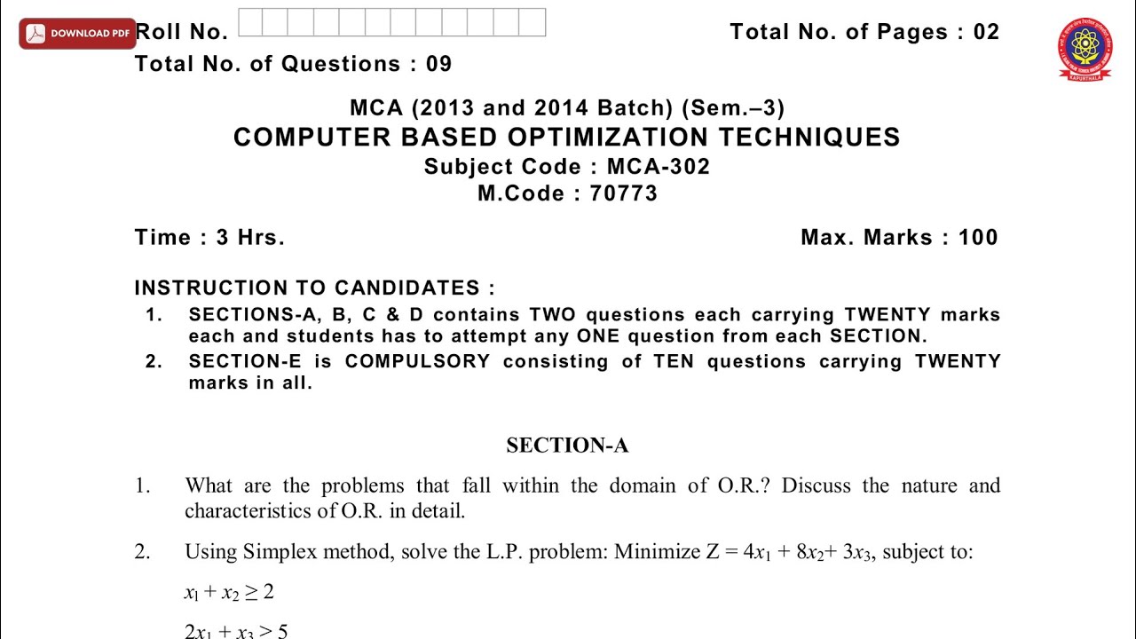 MCA 3RD SEM COMPUTER BASED OPTIMIZATION TECHNIQUES MAY 2019 | PTU