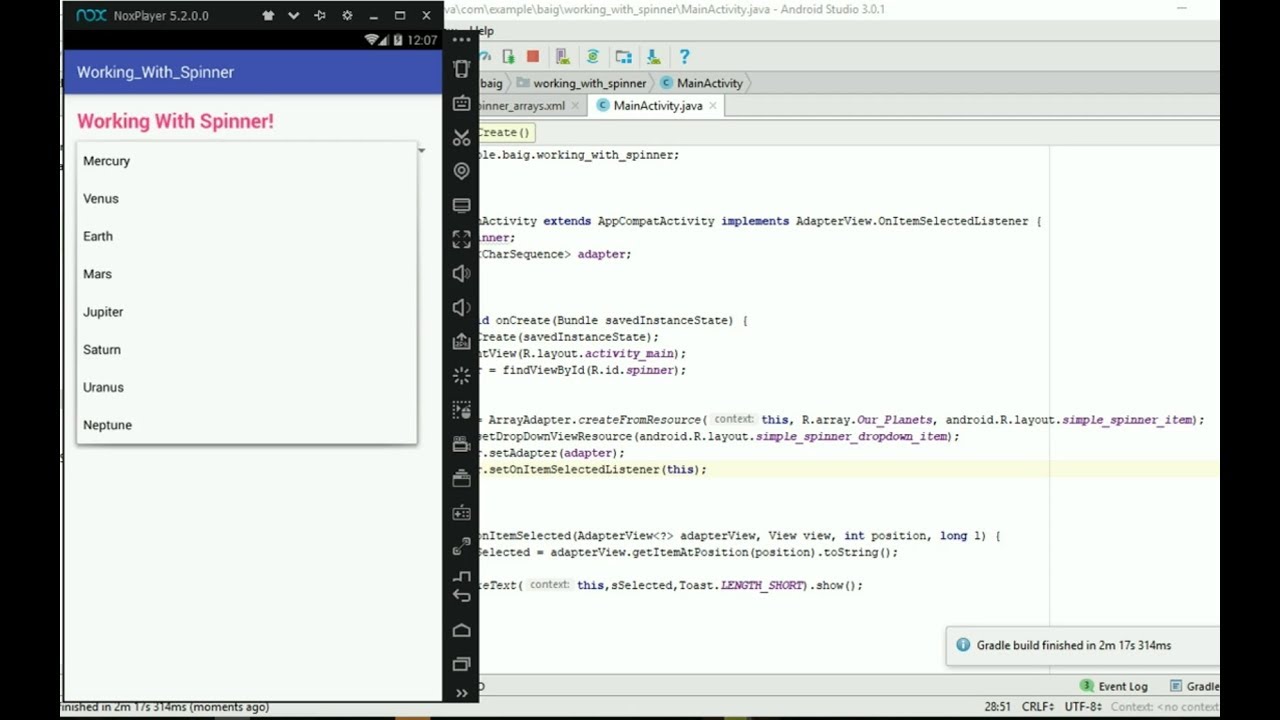 working with spinner using array adapter in android