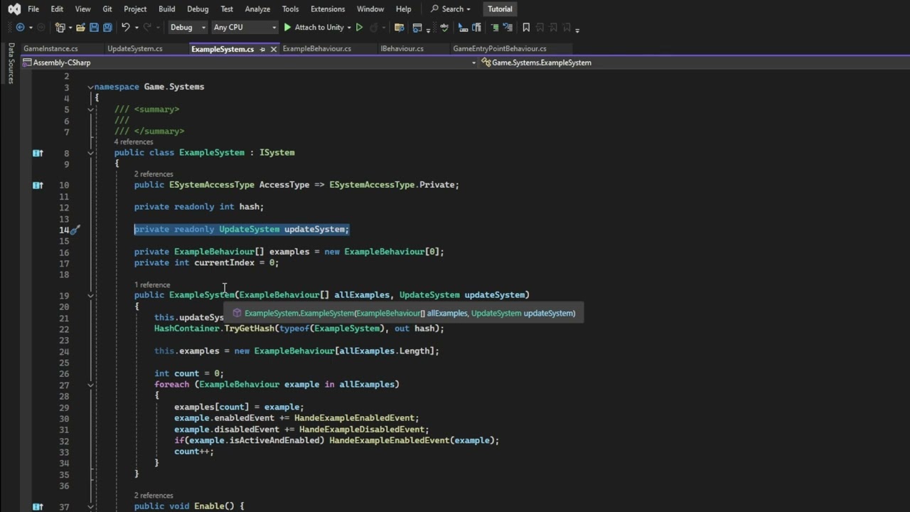 Unity tutorial in code design. The update system.