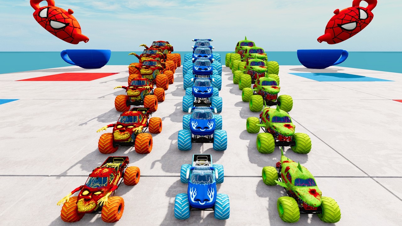 Big vs Medium vs Small Monster Trucks vs Portal Racing Down a Water Slides Colors BeamNG Random