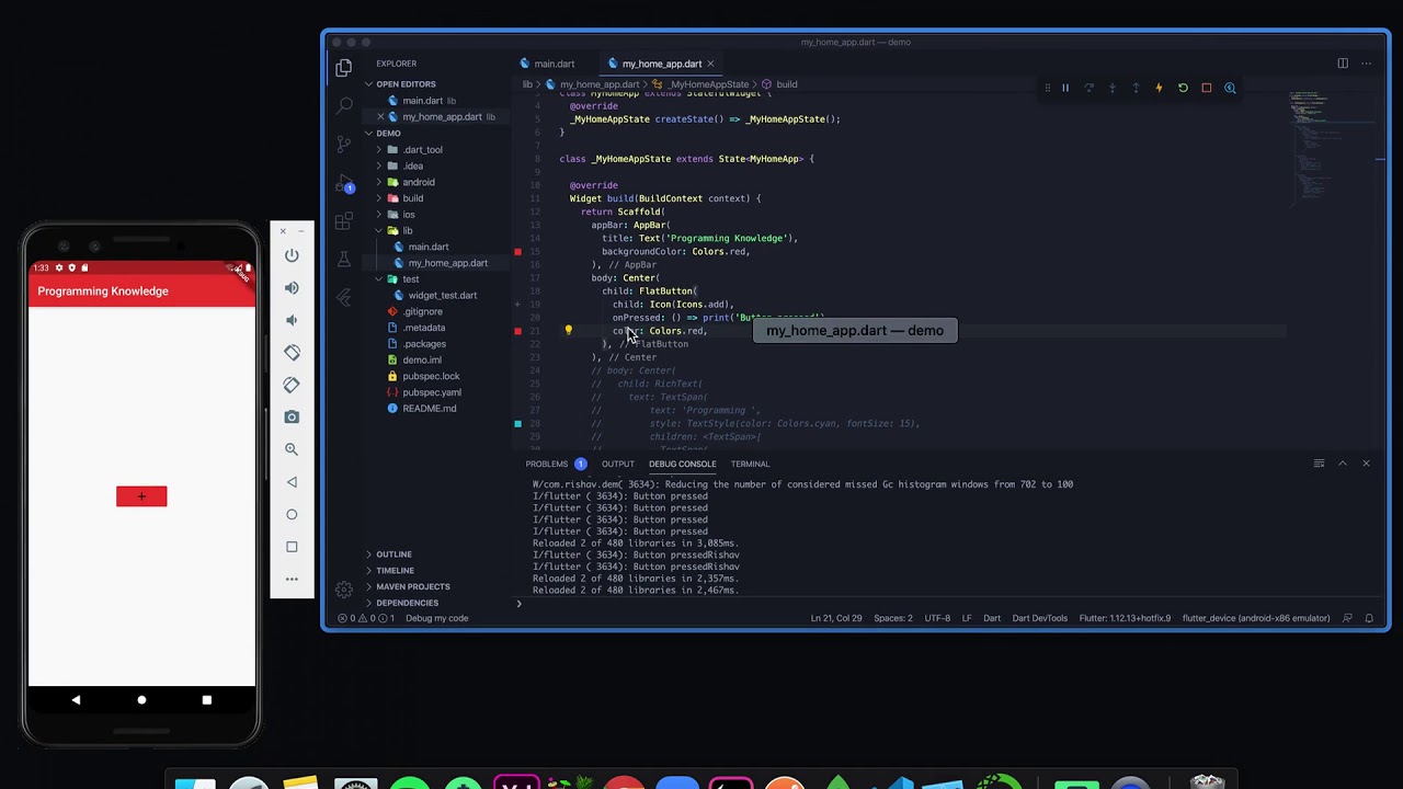 Flutter Tutorial for Beginners 14 - FlatButton class | Flutter FlatButton Example | Material widgets