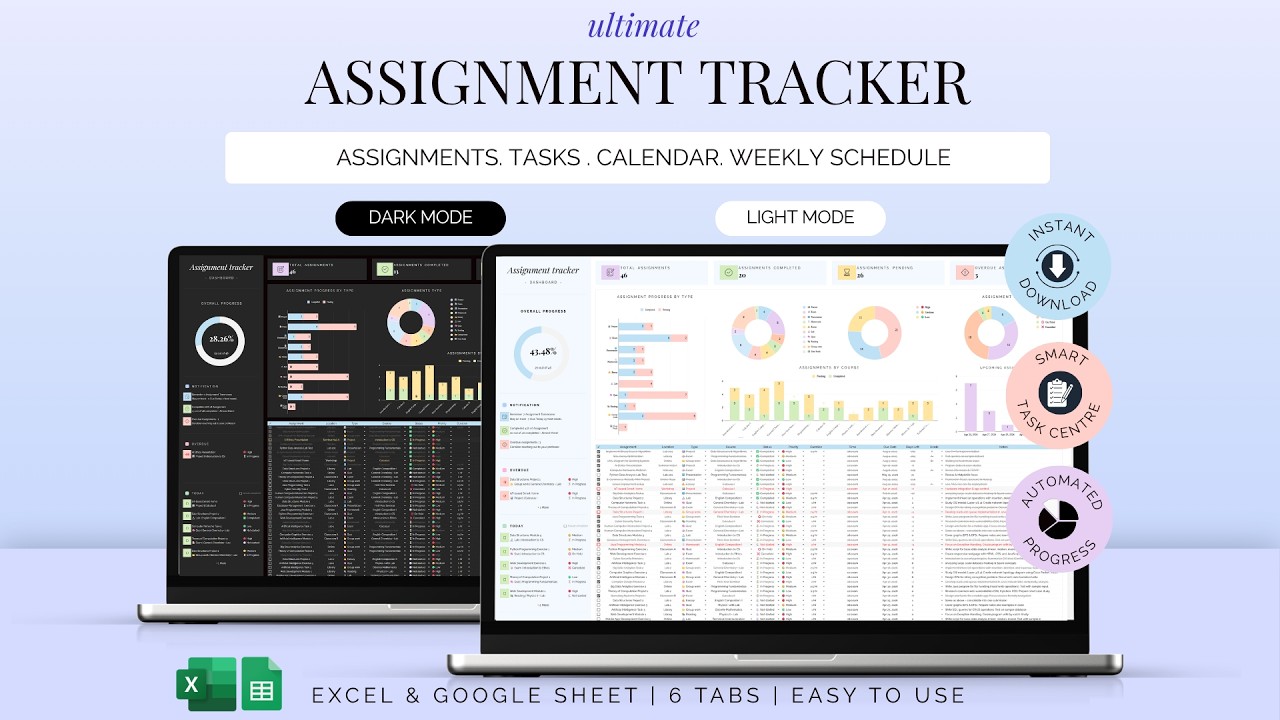 Assignment tracker google sheets excel template | Student Planner for Homework & Study Organization