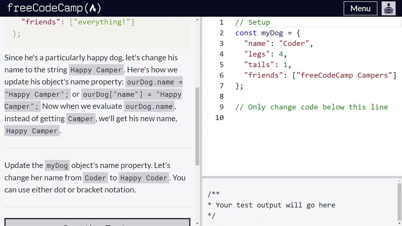 Updating Object Properties - freeCodeCamp | Video 87 | Basic JavaScript