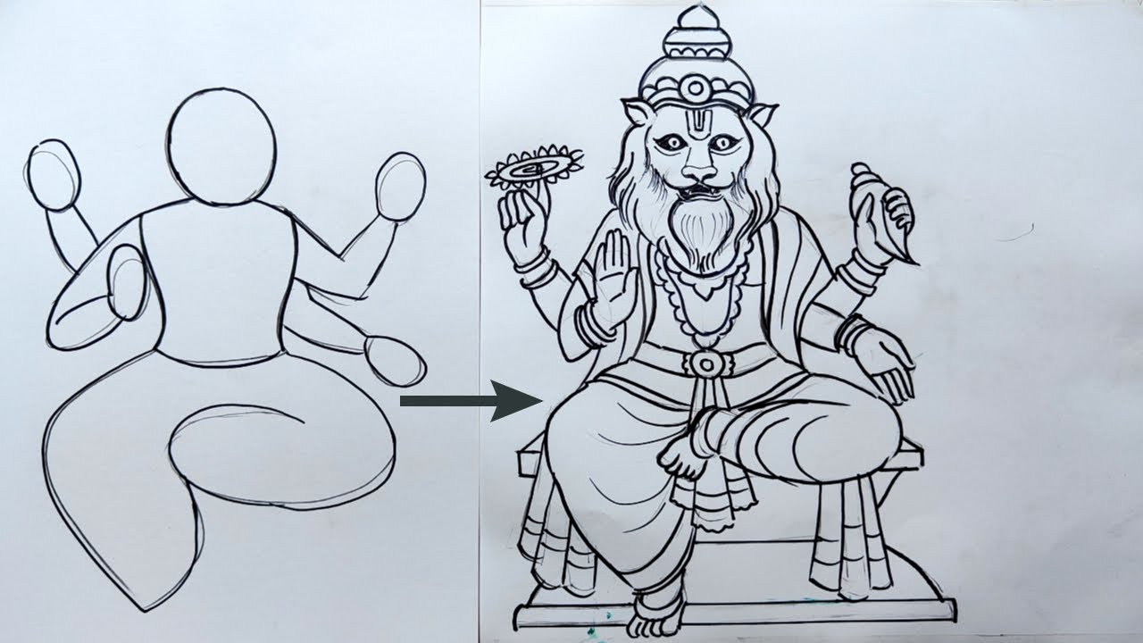 how to draw lord narasimha step by step,god narasimha drawing by holy drawing academy,
