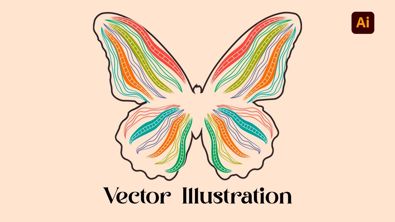 Vector Illustration : A vibrant and Colorful Butterfly with Line Pattern in Adobe Illustrator