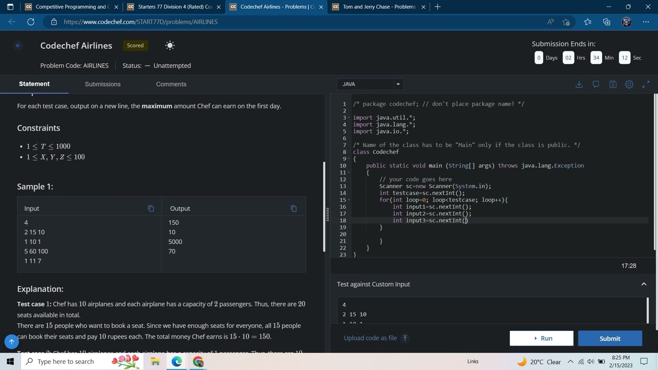Codechef Airlines Starter 77  codechef solution in java