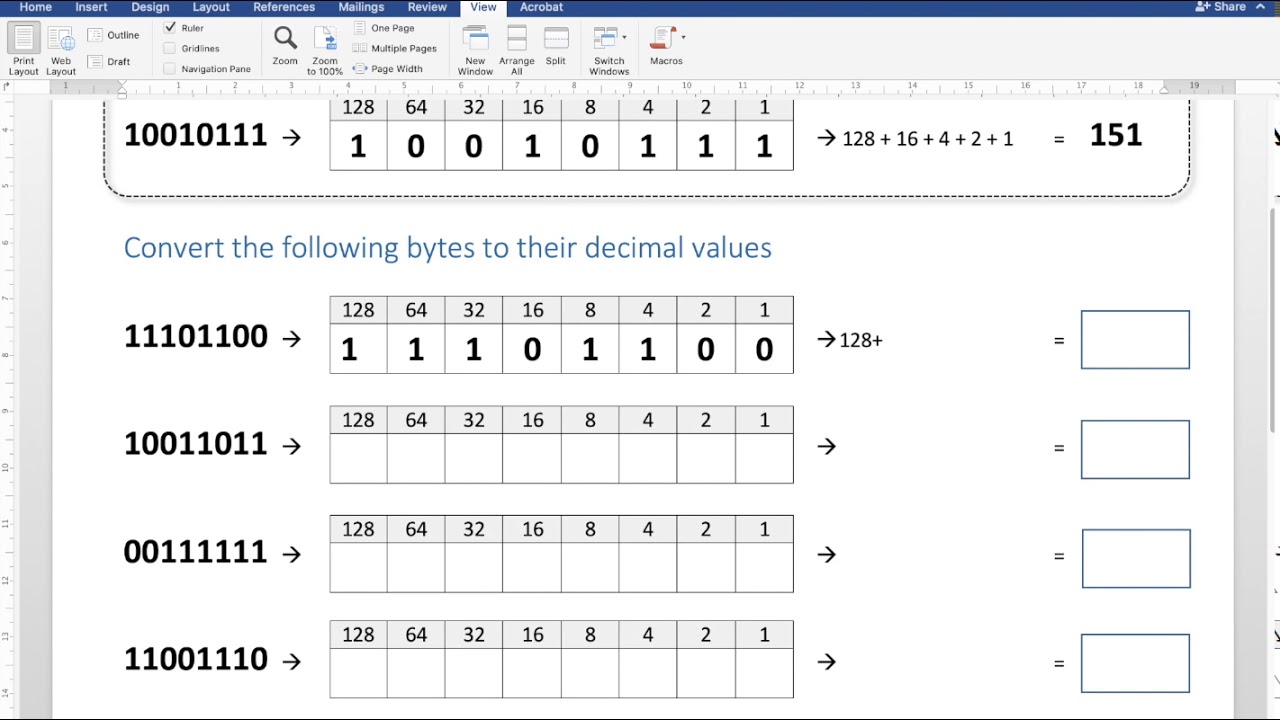 Binary to Decimal Conversion Worksheet