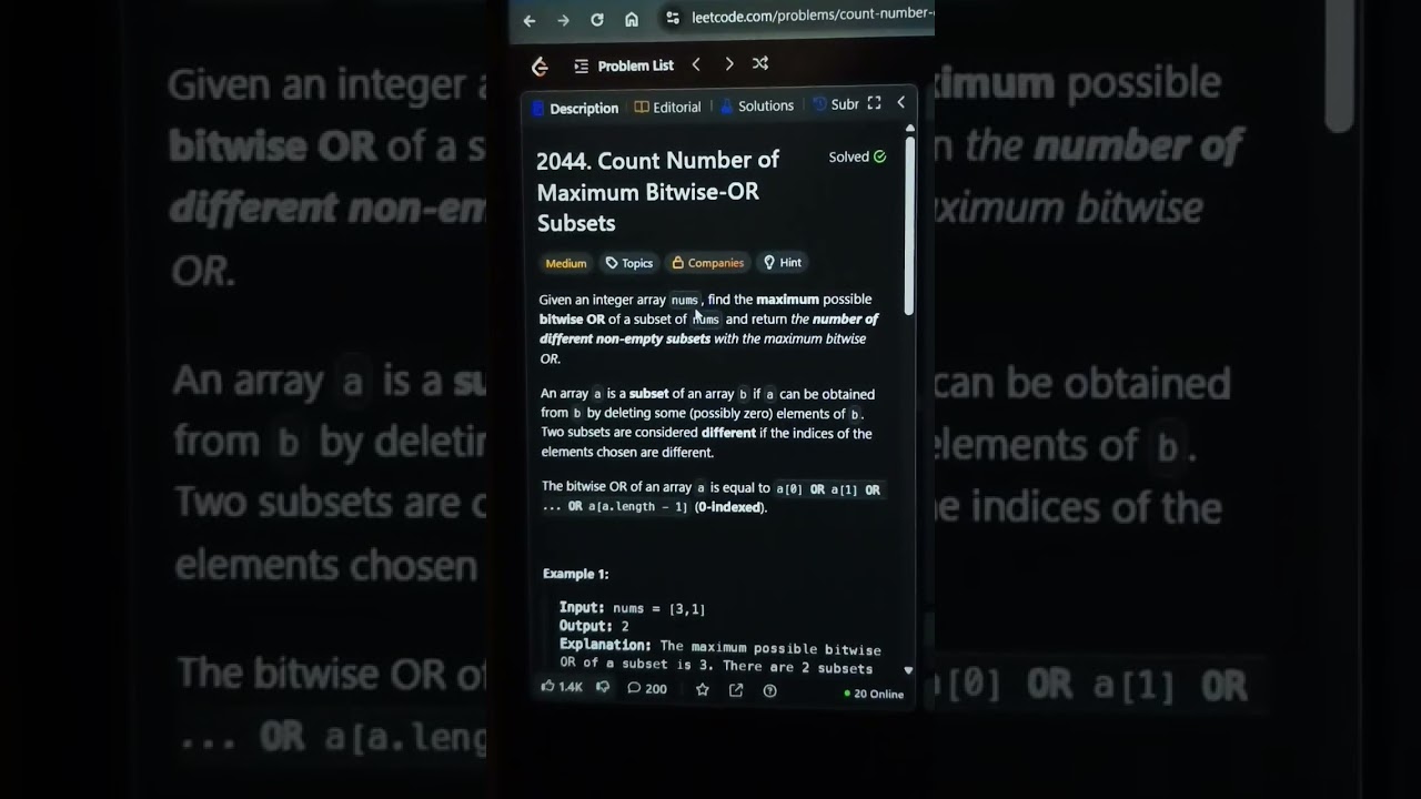 👉 LeetCode 2044 | Count Max Bitwise-OR Subsets 🔥 | Java C++ Python | Daily Coding Motivation #shorts