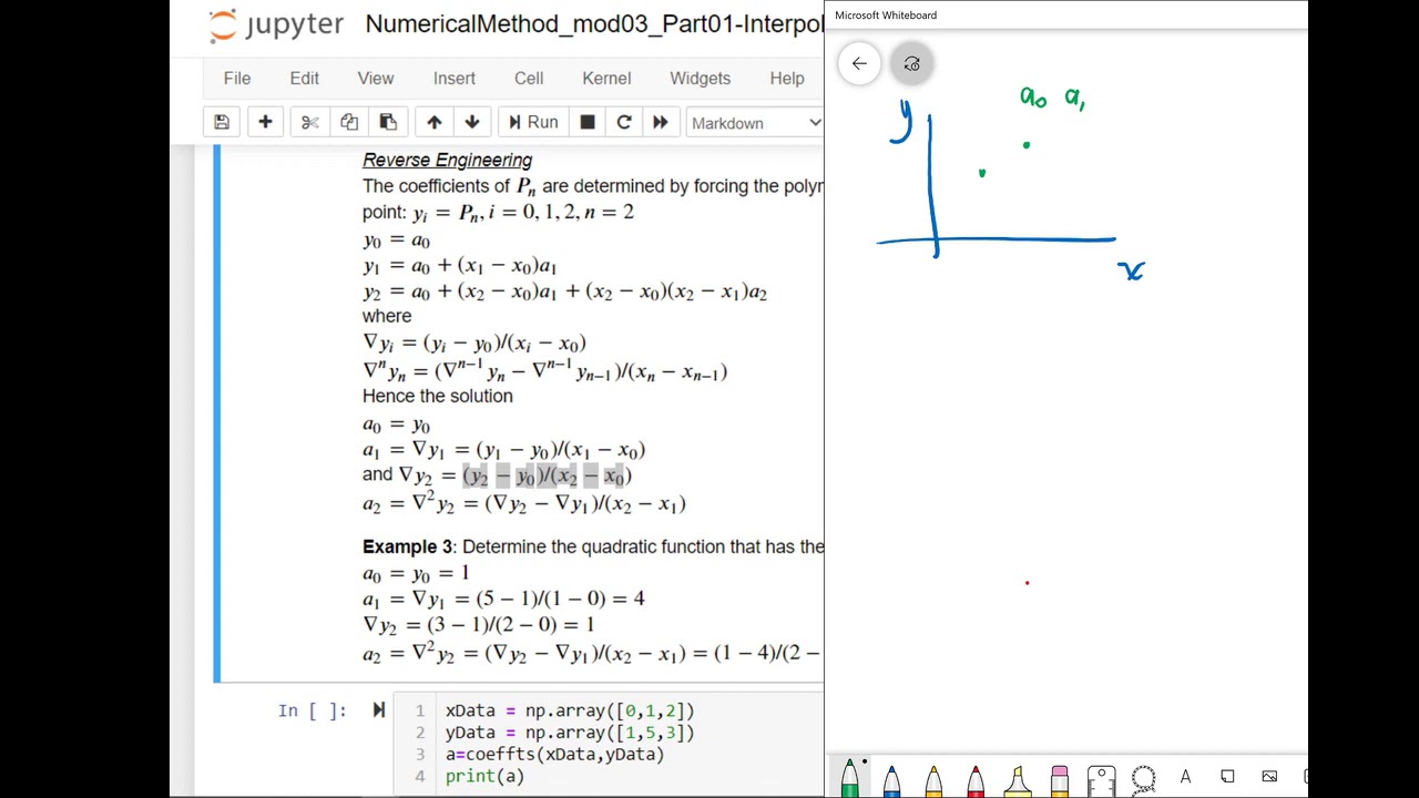 3.5 - Interpolation using Newton's Method - Quadratic Equation (n=2) Case Example w/ Graph & Python