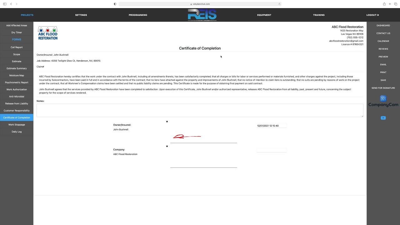 Projects - Certificate of Completion Form