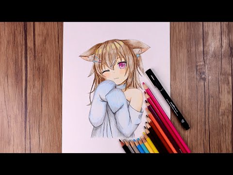 How to Draw a Cat Girl Anime with Colored Pencils | Blinking Anime Girl