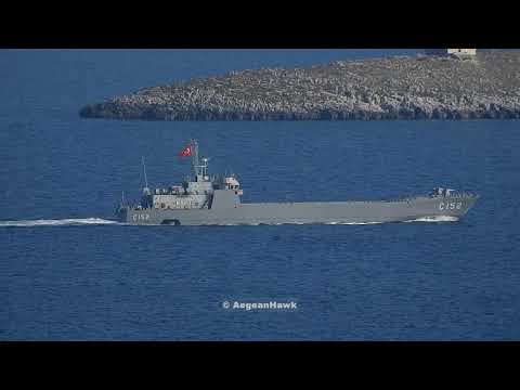 Turkish Navy LCT TCG 152 and TCG 154 southbound Chios Strait.