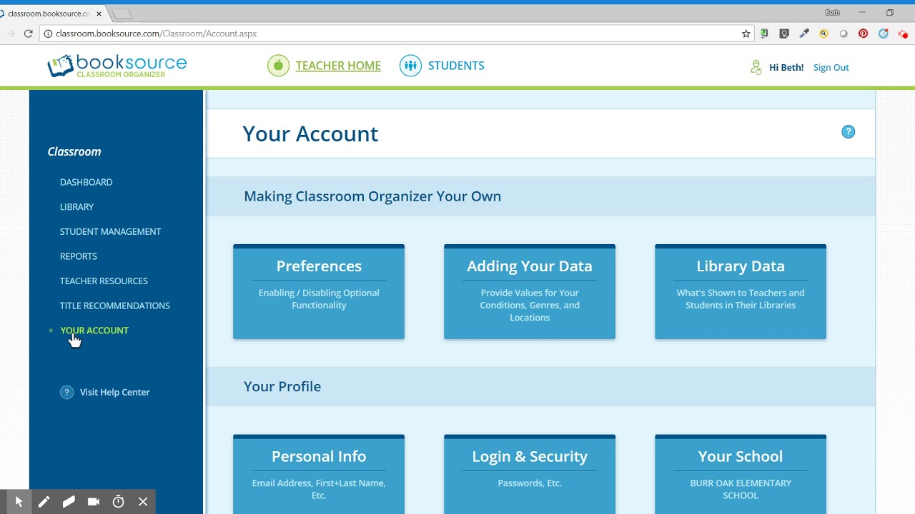 Classroom Booksource - Reports and Settings