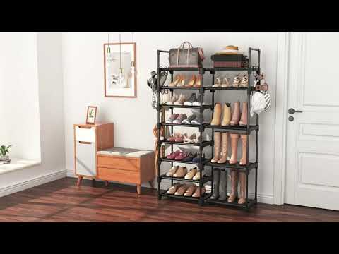 8-Tier Metal Shoe Rack for Closet Entryway Garage, 26-32 Pairs Tall Shoe Organizer, with 15 Hooks,