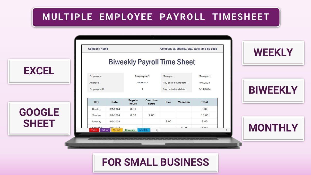 Payroll Timesheet Tracker Excel & Google Spreadsheet | Weekly, Biweekly, Monthly |Small Business