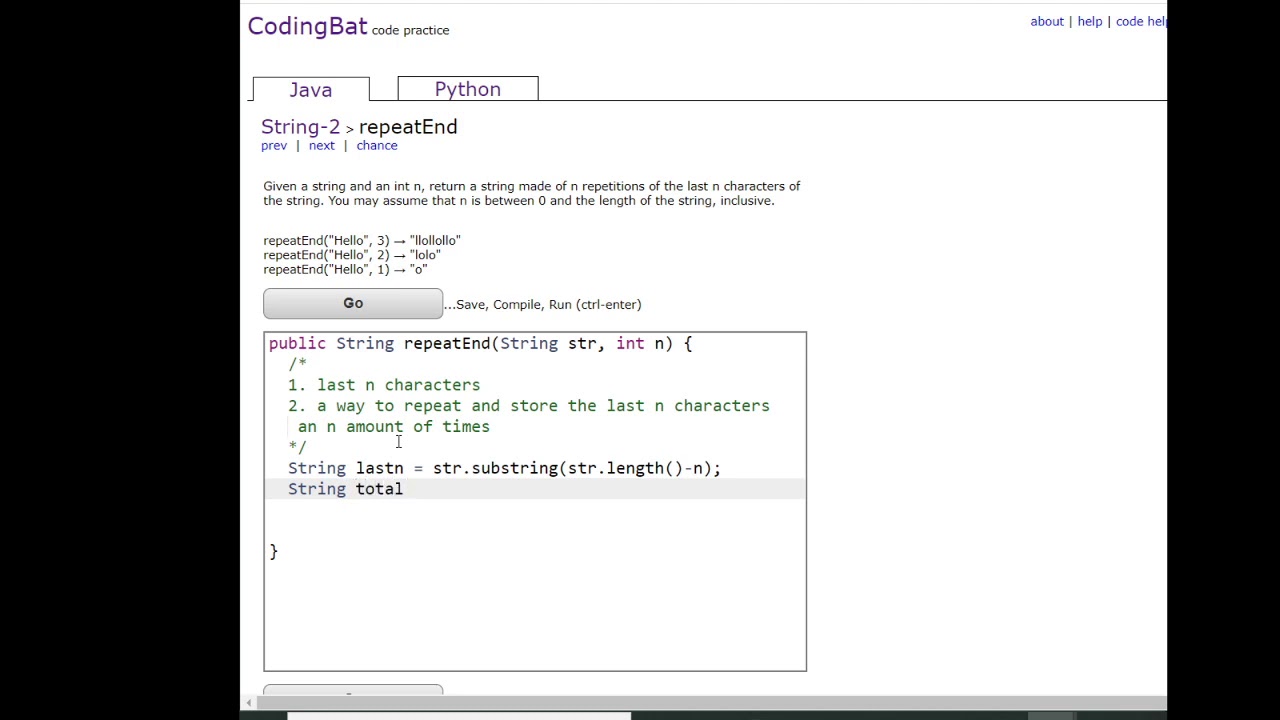 String-2(repeatEnd) Java Tutorial || Codingbat.com