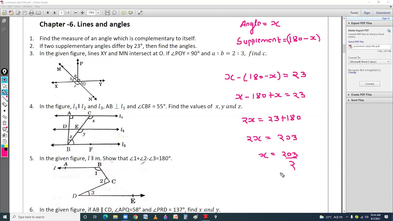class 9 lines and angles worksheet