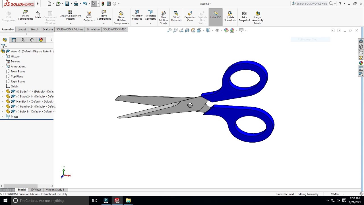 Modelling and assembly of scissors using solidworks