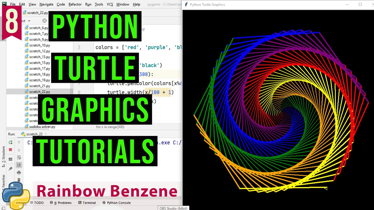 Rainbow Benzene with Python Turtle| Python Turtle Graphics Tutorial#8| Draw designs in python turtle