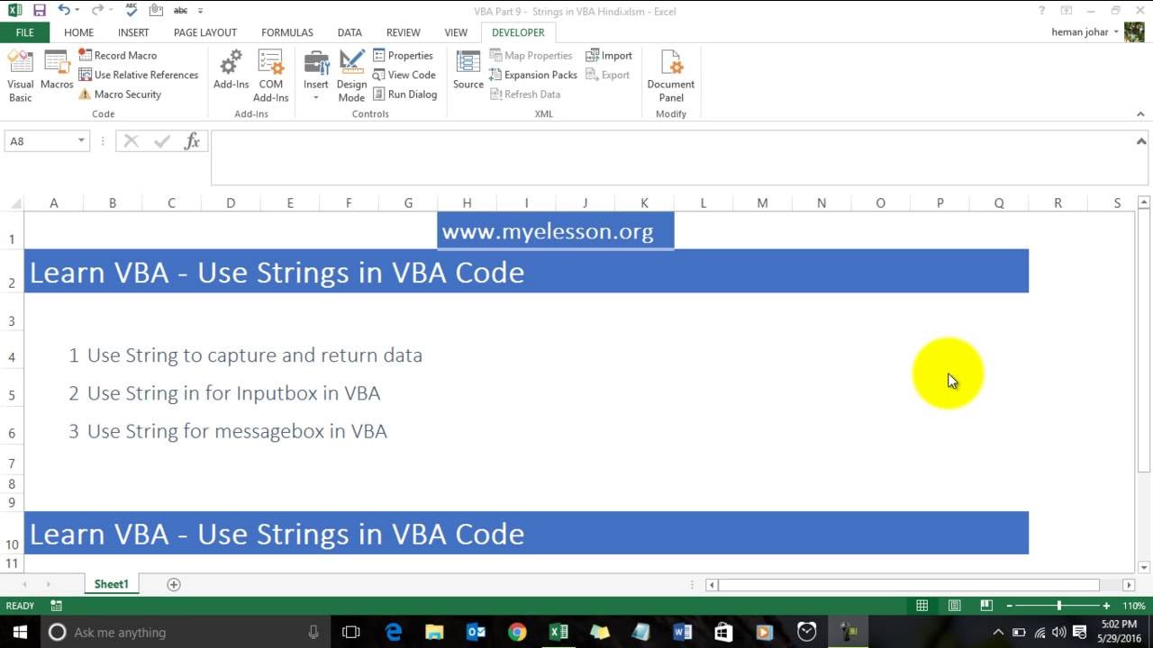Learn Vba Use Strings In Vba Learn Excel Course Ms Word Course And Ms Excel Course Myelesson