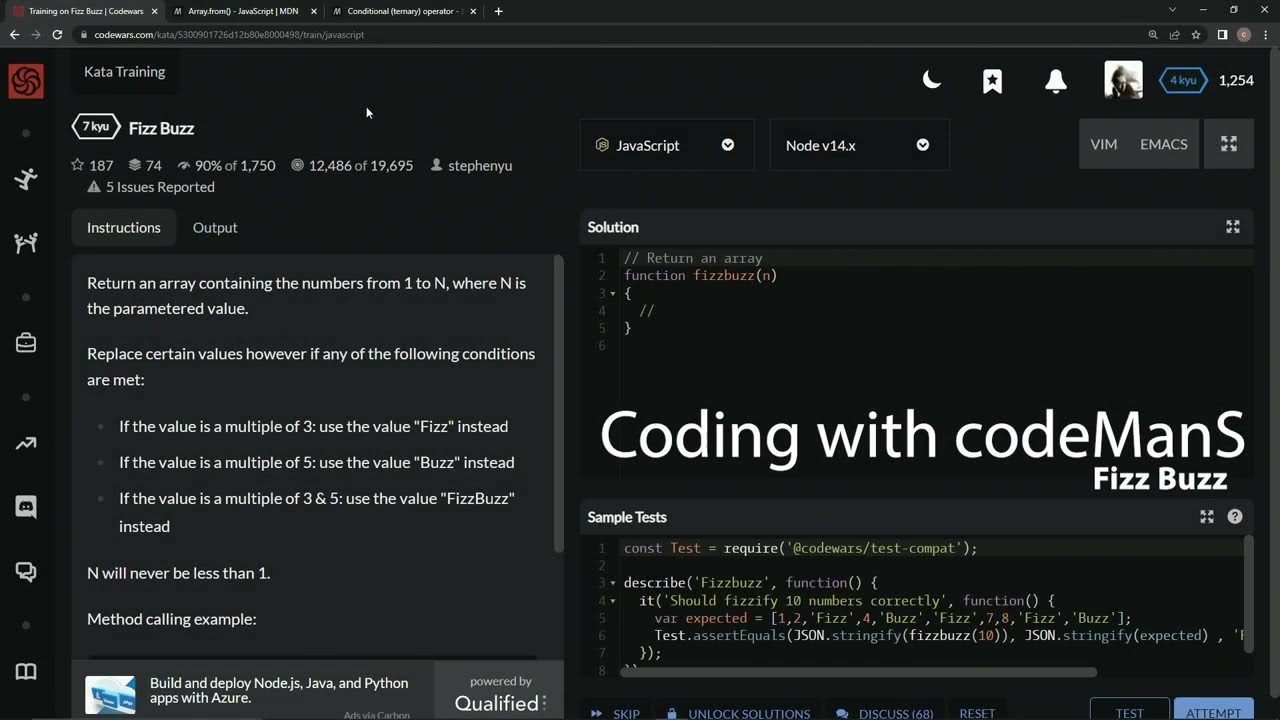 Codewars 7 kyu Fizz Buzz Javascript