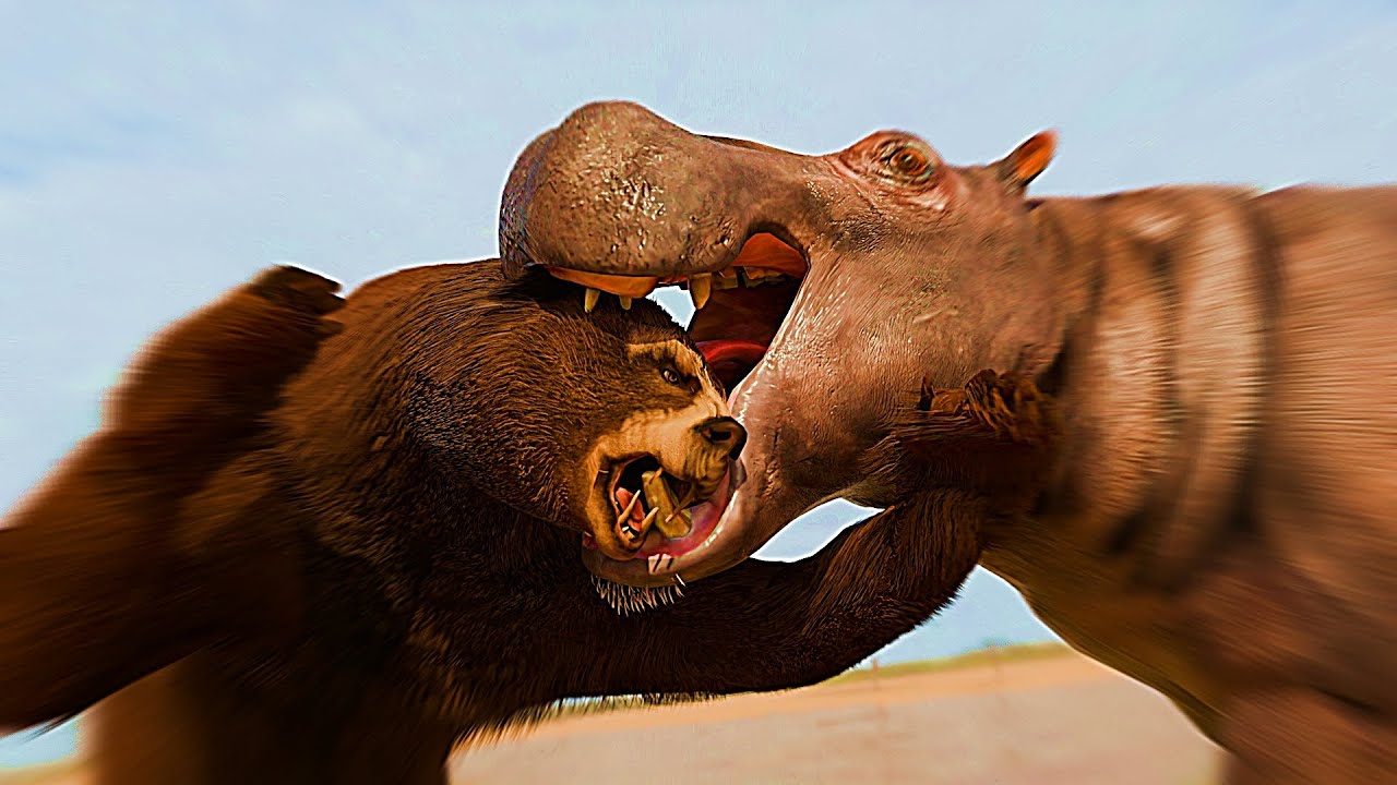 Hippopotamus vs The Giant Short Faced Bear (Arctotherium Angustidens) #animals #bear #prehistoric