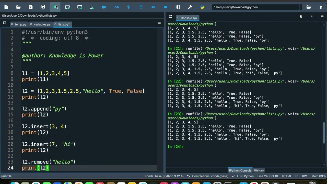 Python: Lists 3 - append, insert, remove, pop elements from a list