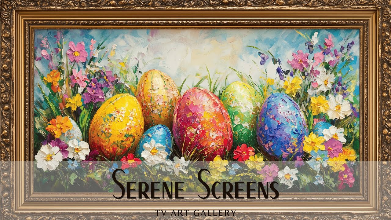 Gold Vintage Frame Easter Eggs with Spring Flowers - TV Art Display, Wallpaper, Screensaver - Still
