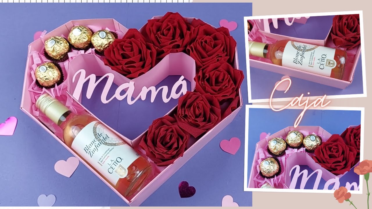 Caja Corazón para el día de las Madres || botella || rosas eternas || chocolates || accesible
