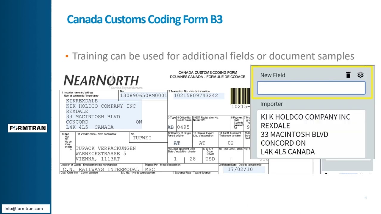Formtran Vantage Document Skill Canada Customs Coding Form B3