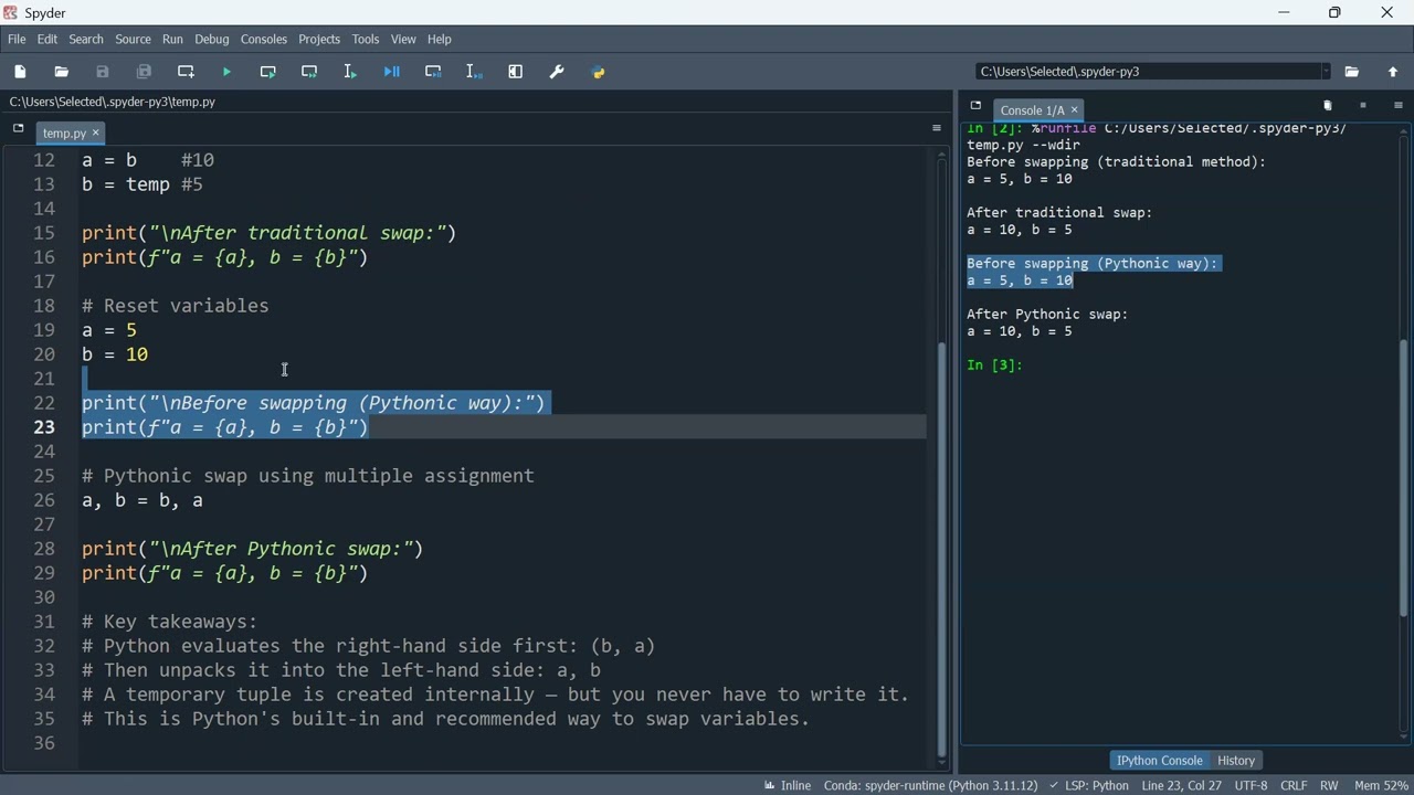 Python 81: Swapping Two Variables in Python: Traditional vs Pythonic