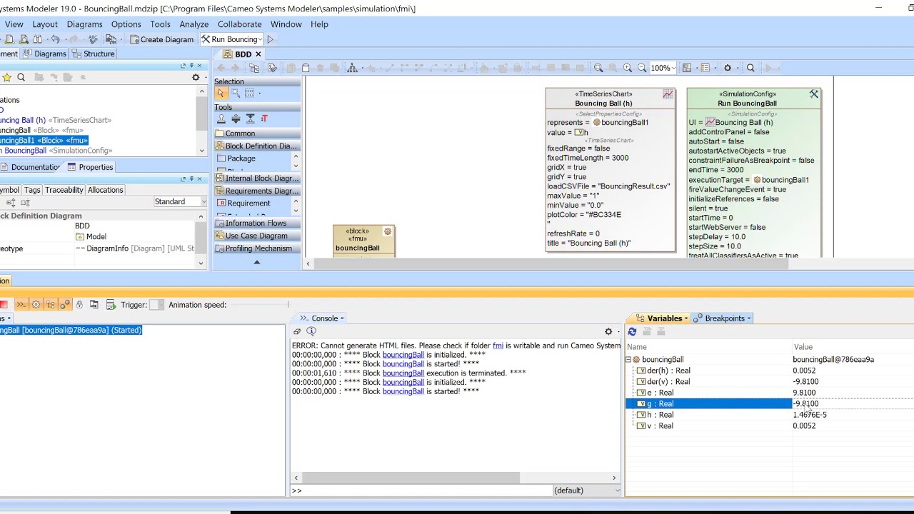 FMU Import and Execution with SysML - Bouncing Ball Sample