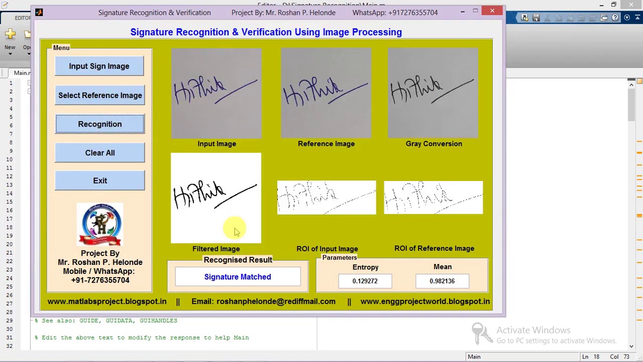 Signature Recognition and Verification using Matlab Project Source Code